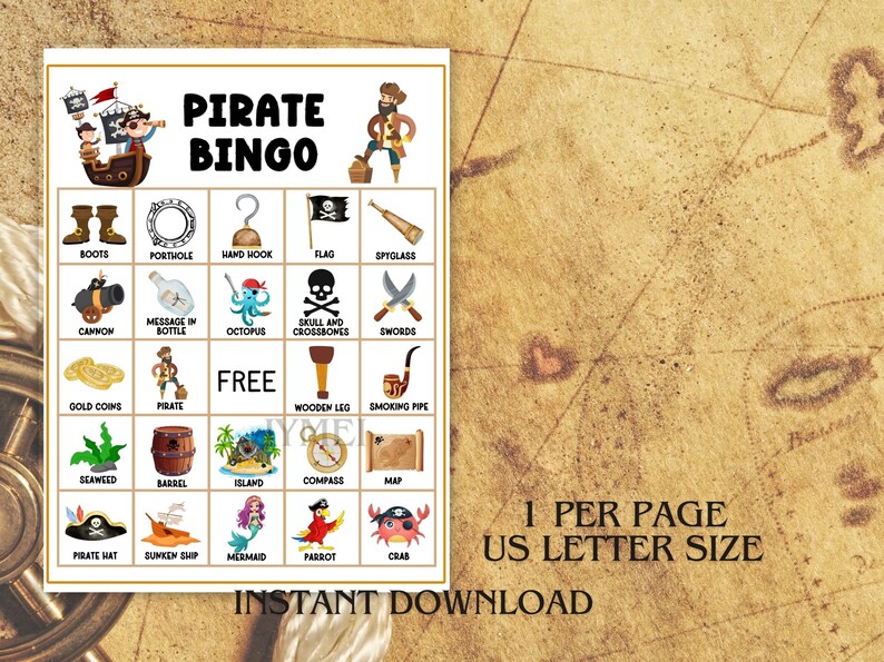 Pirate Bingo, 40 Printable Pirate Bingo Game, Printable Game for Kids ...