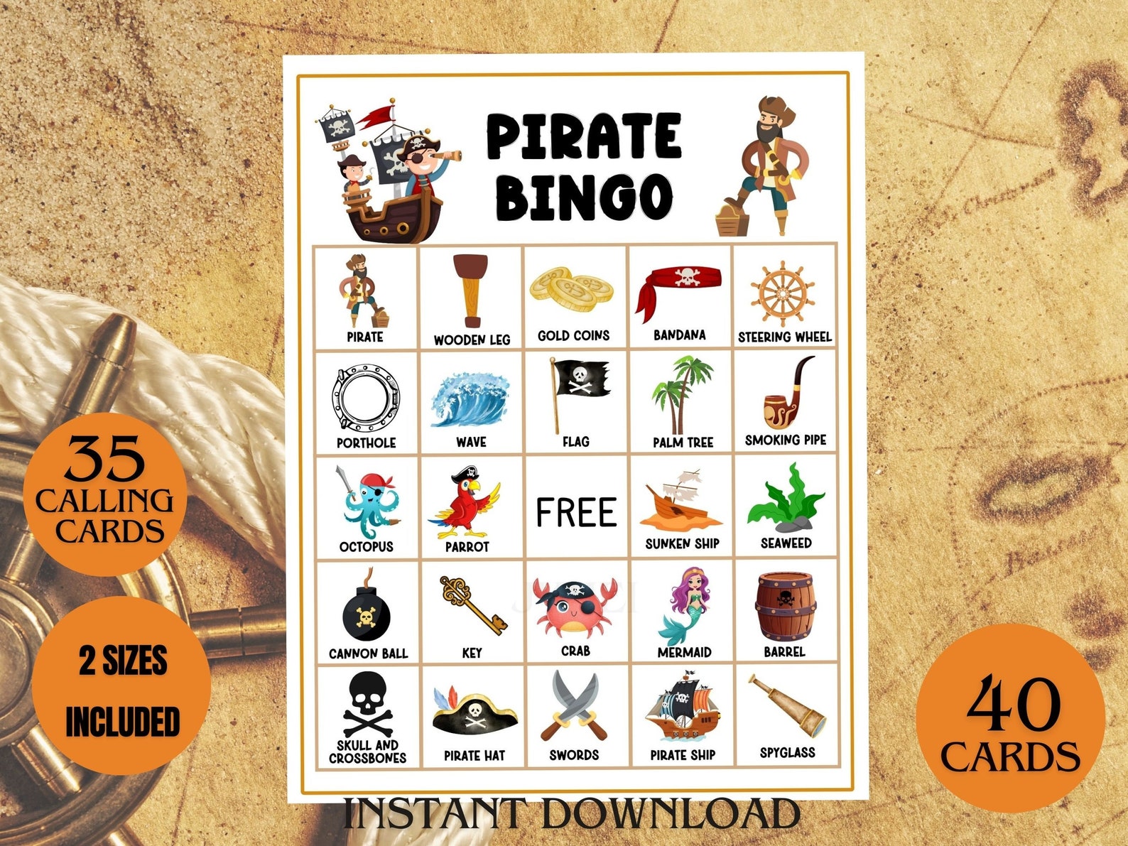 Pirate Bingo, 40 Printable Pirate Bingo Game, Printable Game for Kids ...
