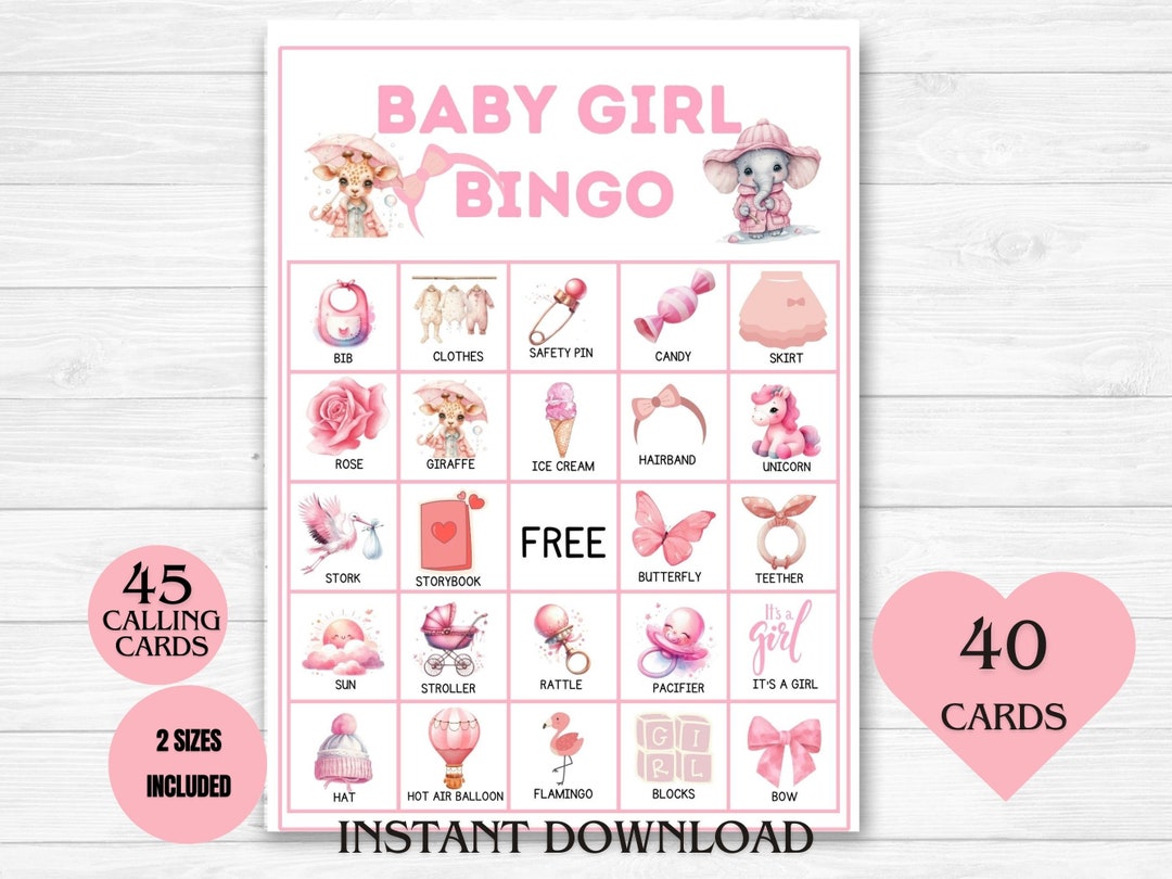 Baby Girl Bingo, 40 Baby Girl Shower Bingo Card, Baby Sprinkle, Pink ...
