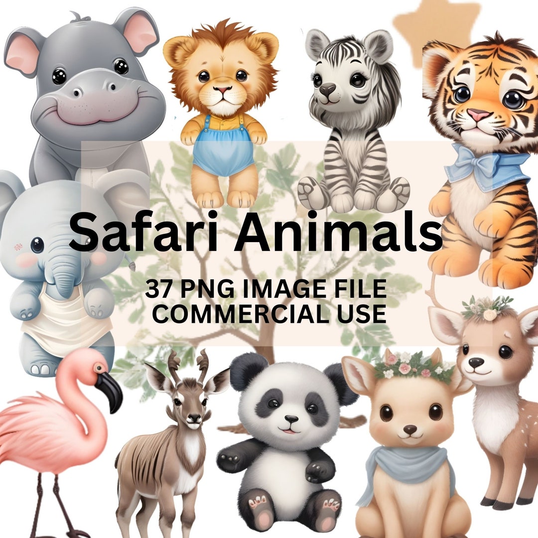 Safari Animals Clipart | Elephant, Lion, Hippo, Tiger, Giraffe Digital ...