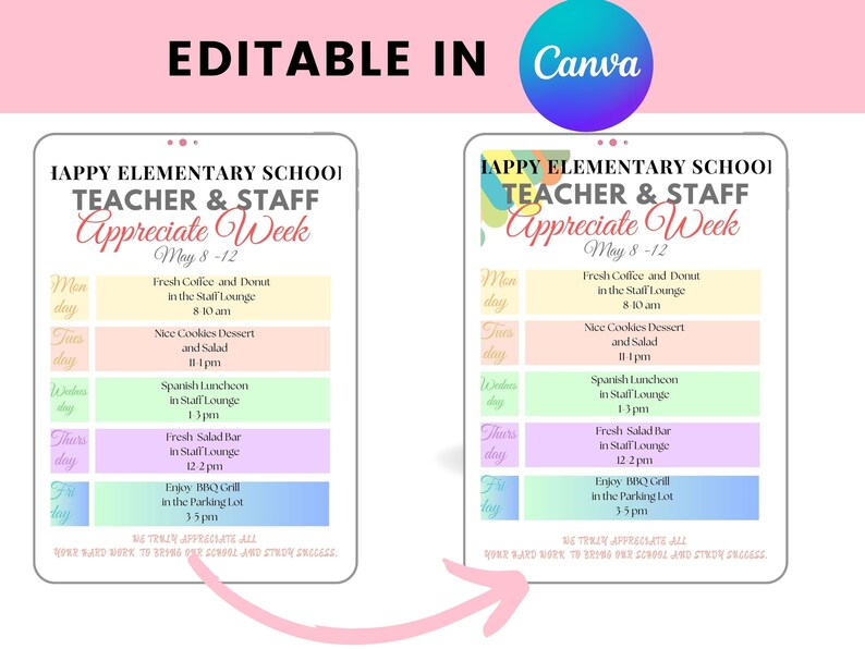 Teacher Appreciation Week Schedule Template | Teacher and Staff ...