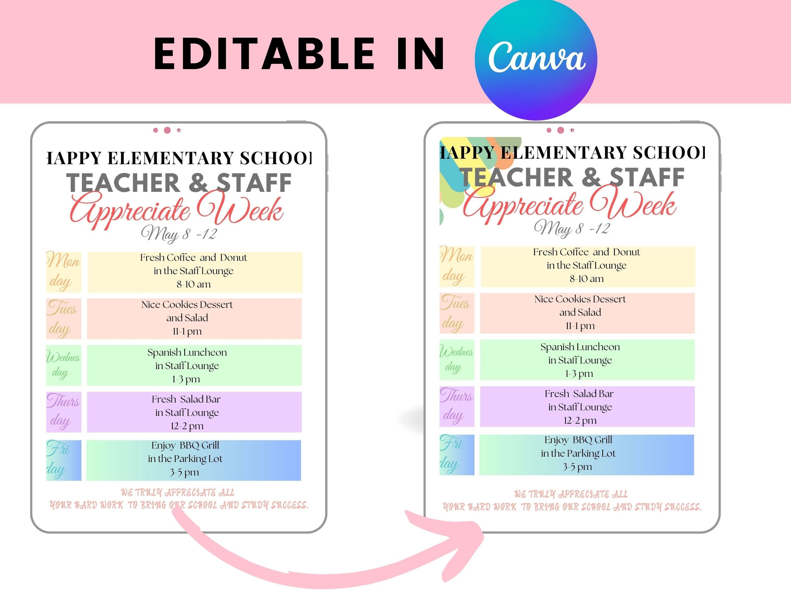 Teacher Appreciation Week Schedule Template | Teacher and Staff ...
