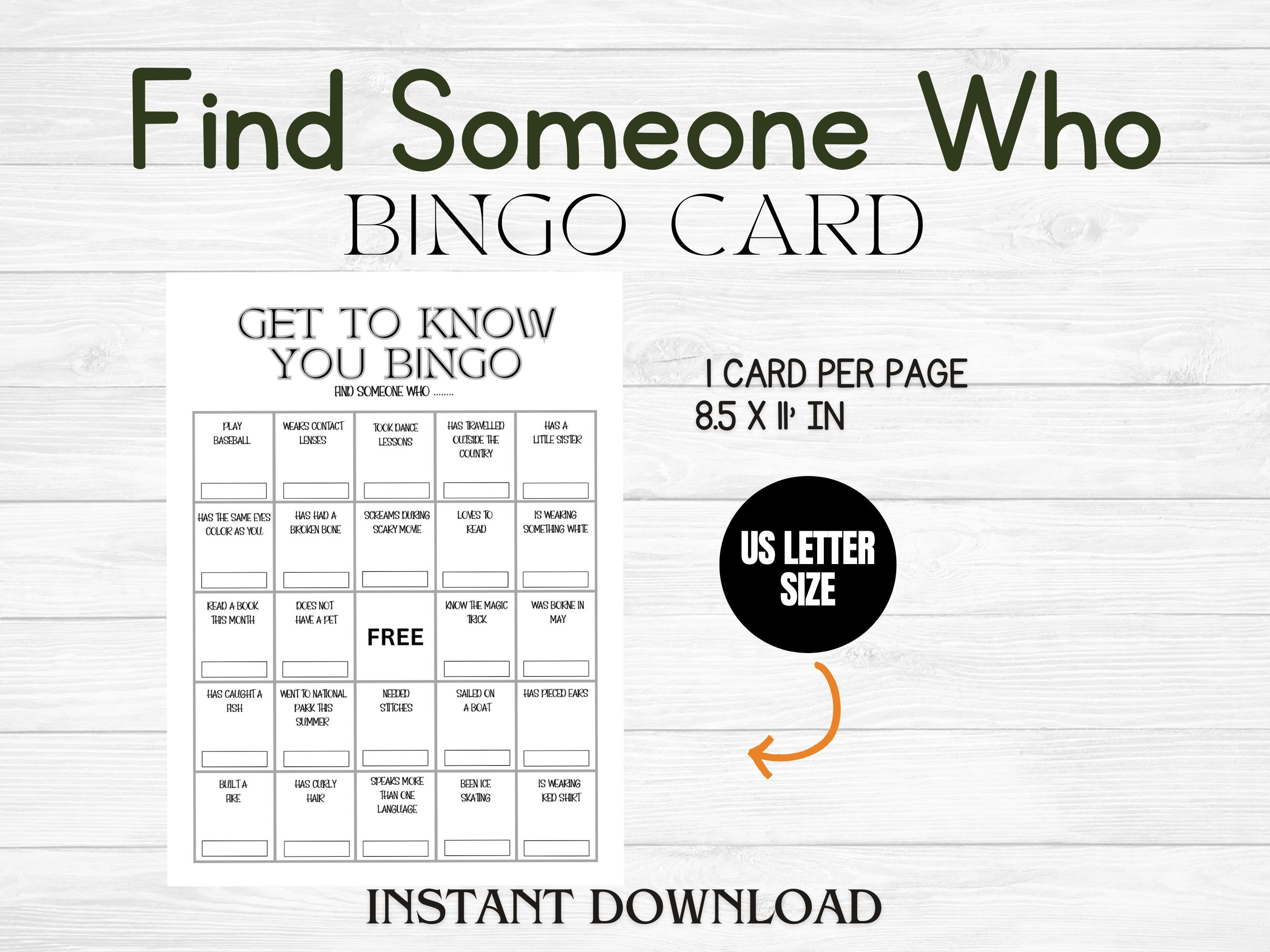 Find Someone Bingo. 50 Printable Get to Know You Bingo, Ice Breaker ...