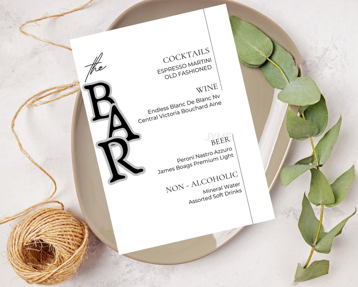 Minimalist Bar Menu Sign, Alcohol Drinks Menu, Editable Wedding Bar ...