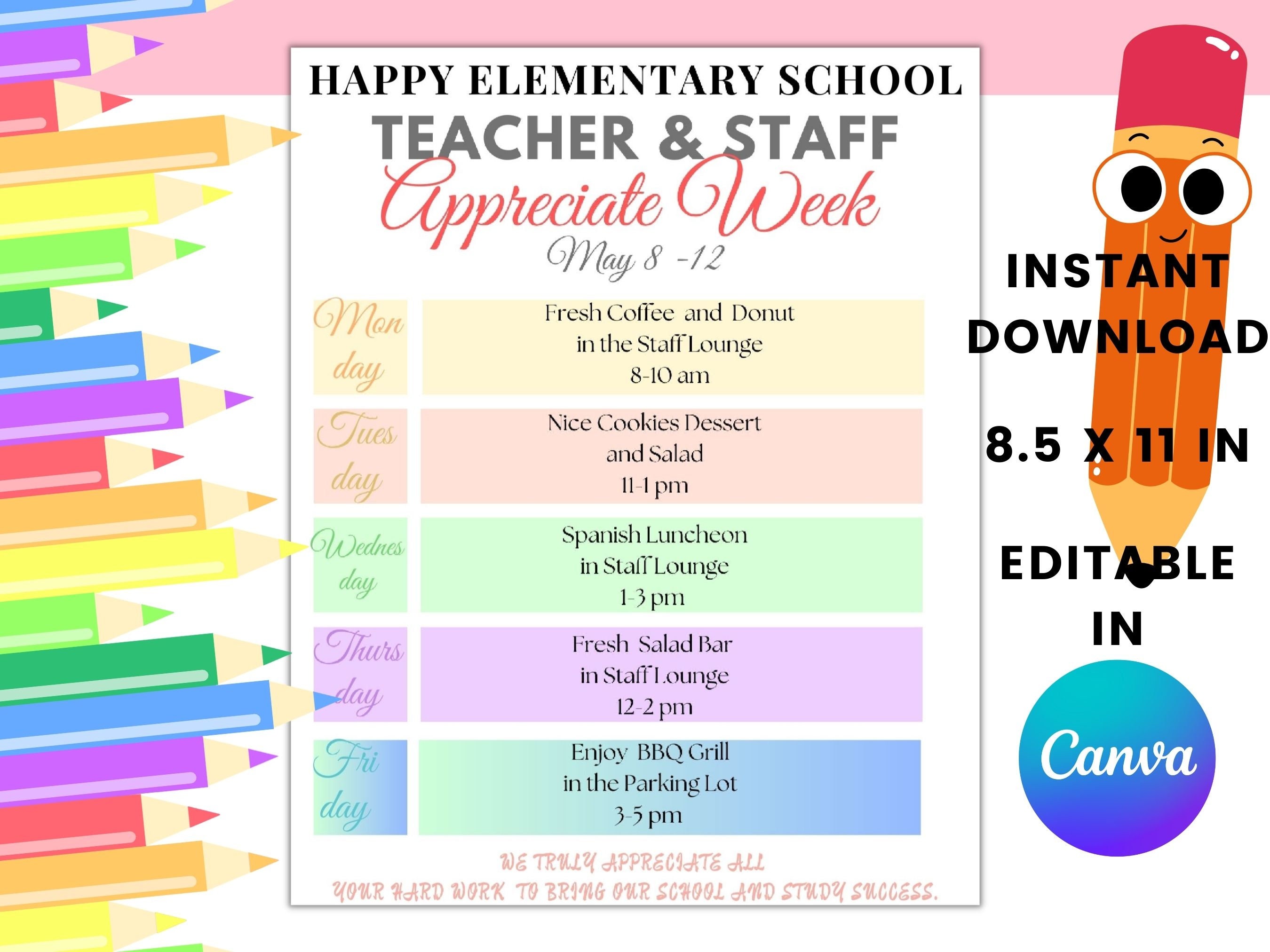 Teacher Appreciation Week Schedule Template | Teacher and Staff ...