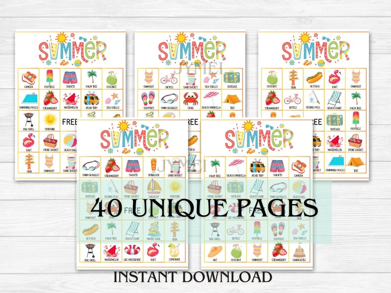 Summer Bingo, 40 Unique Summer Bingo Cards, Summer Activity for Kids ...