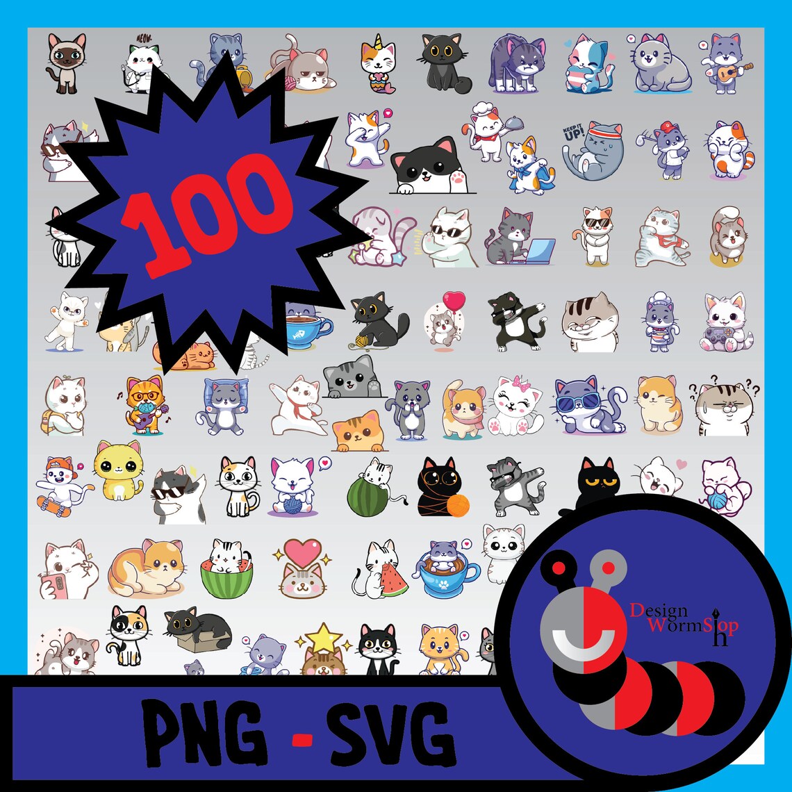 100 Cute Cats SVG Bundle, Kawaii Kitty PNG Clipart for Cricut, Chibi ...
