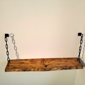 Rustic Pine Wood Shelf With Metal Chain: Live Edge Floating Bookshelf ...