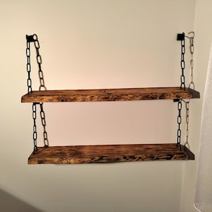 Rustic Pine Wood Shelf With Metal Chain: Live Edge Floating Bookshelf ...
