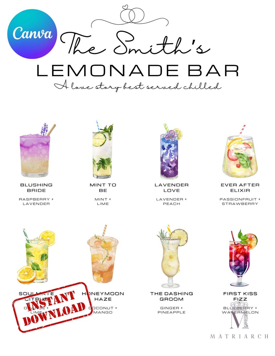Editable Wedding Lemonade Bar Sign Set–watercolor Signature Drink Menu ...
