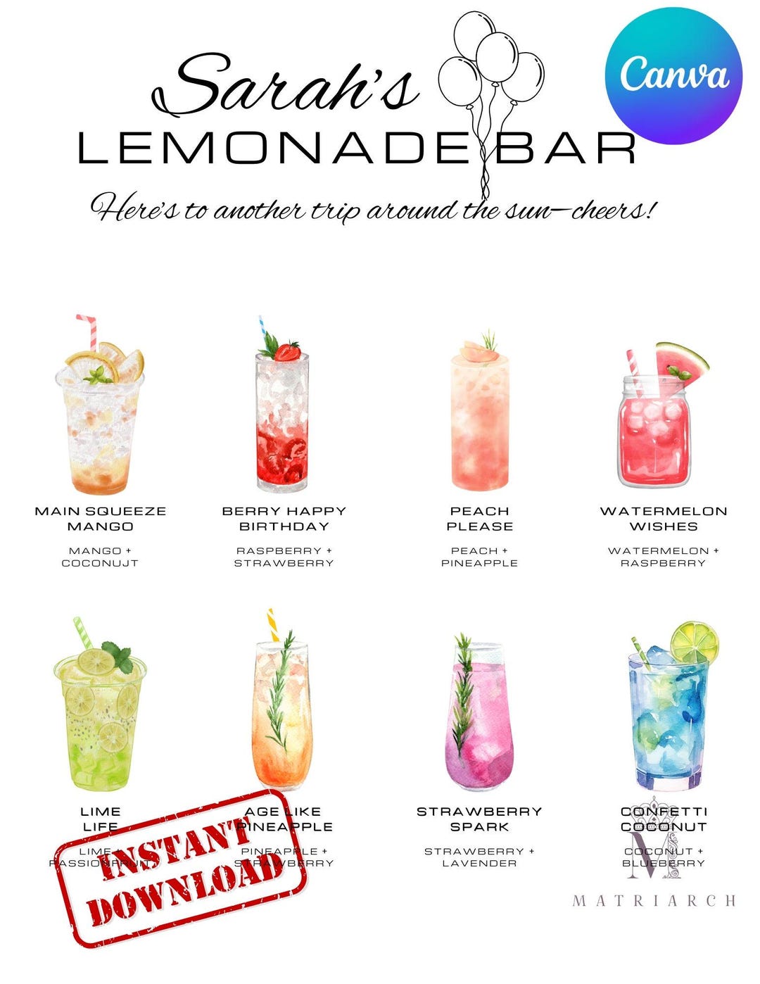 Editable Birthday Lemonade Bar Sign Set–watercolor Signature Drink Menu ...