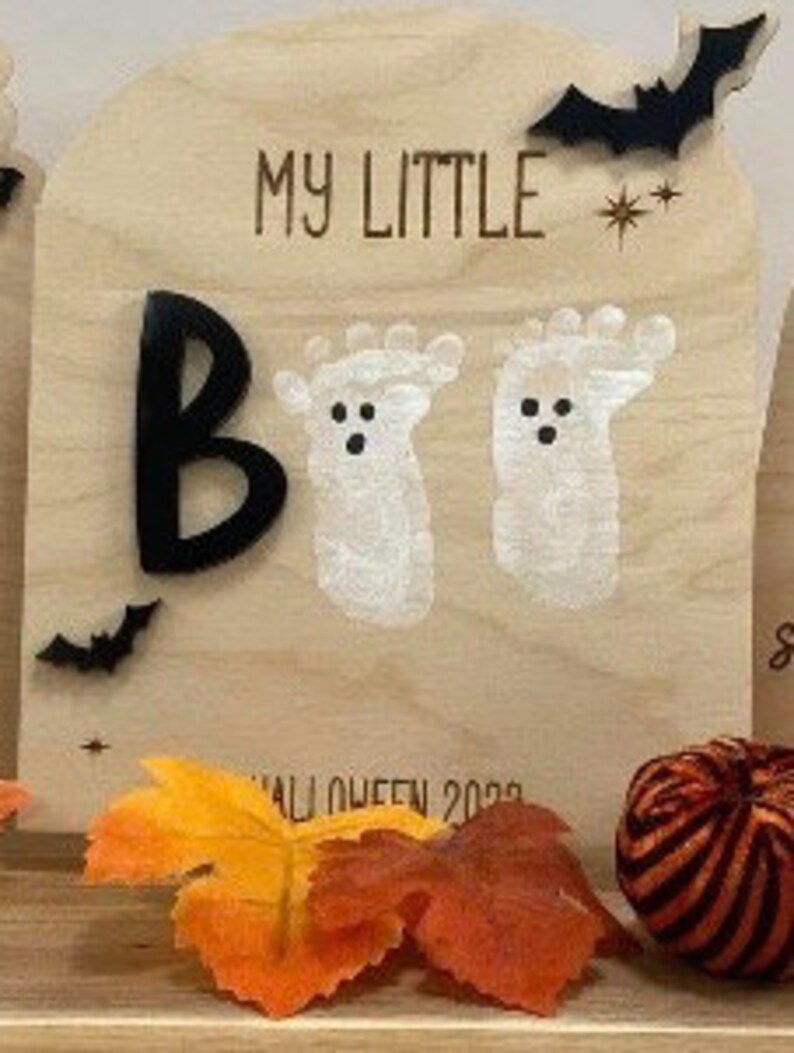 DIY Footprint Art, Baby's First Halloween, My Little Boo Sign, Wooden ...