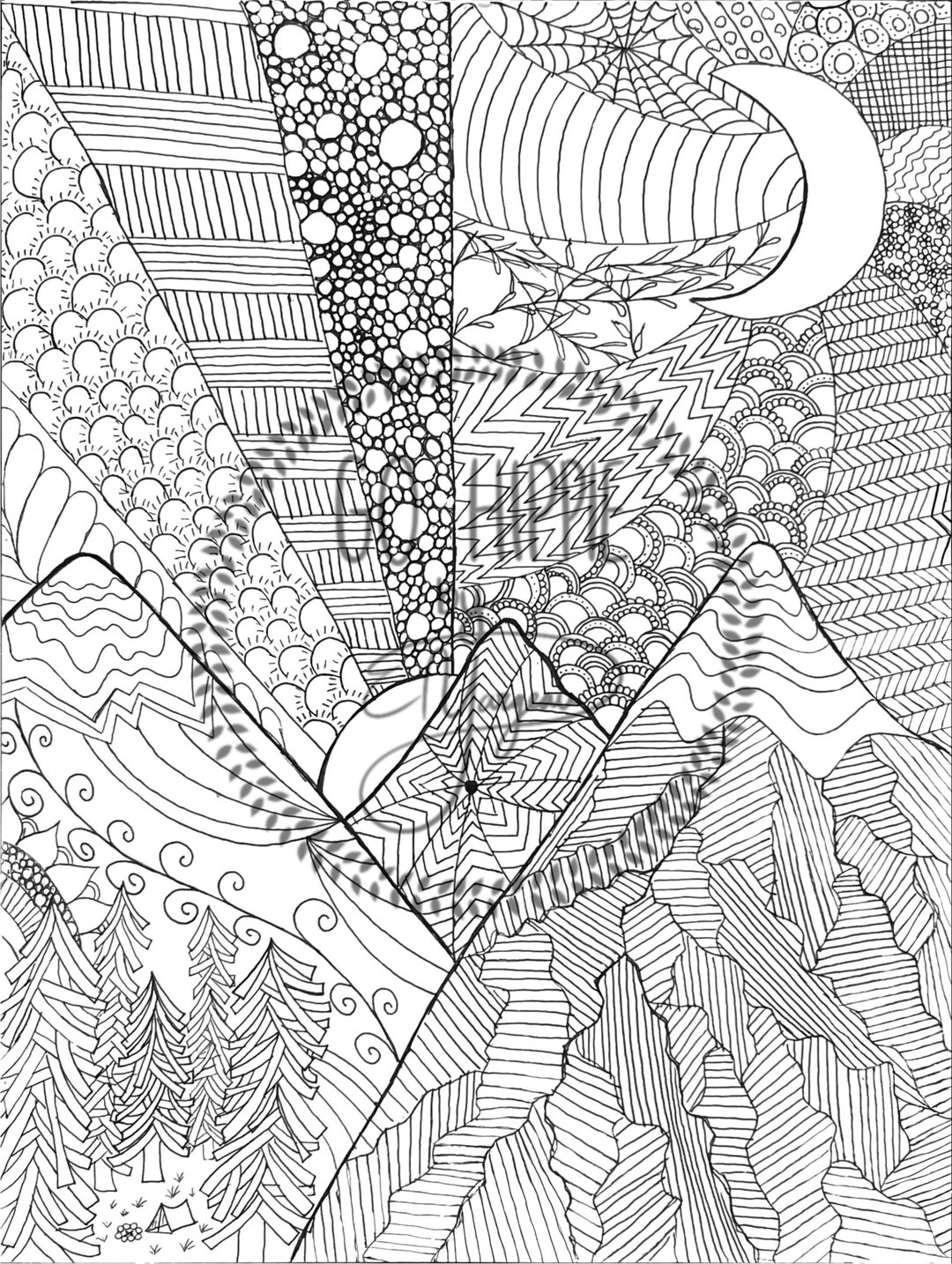 Zentangle Mountain Landscape Digital Coloring Page - Etsy