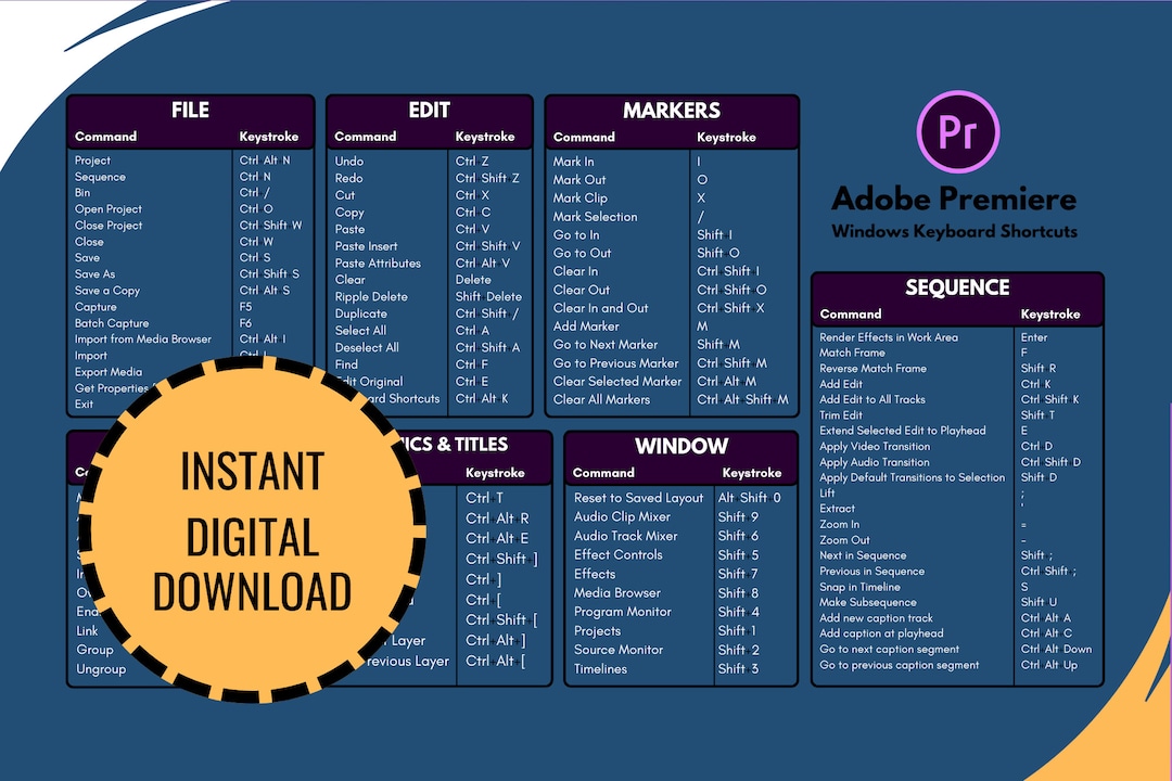 Adobe Premiere Pro Keyboard Shortcuts for Windows (blue) | Instant ...