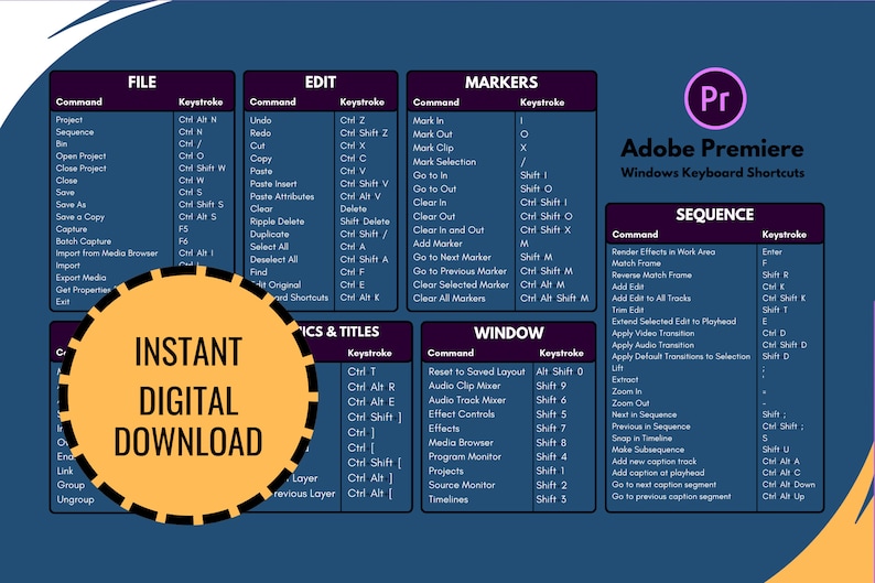 Adobe Premiere Pro Keyboard Shortcuts for Windows (blue) | Instant ...
