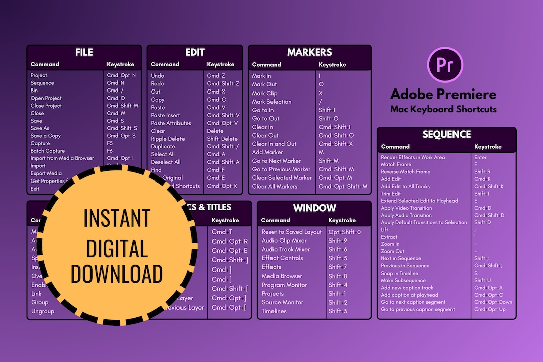 Adobe Premiere Pro Keyboard Shortcuts for Mac (purple) | Instant ...
