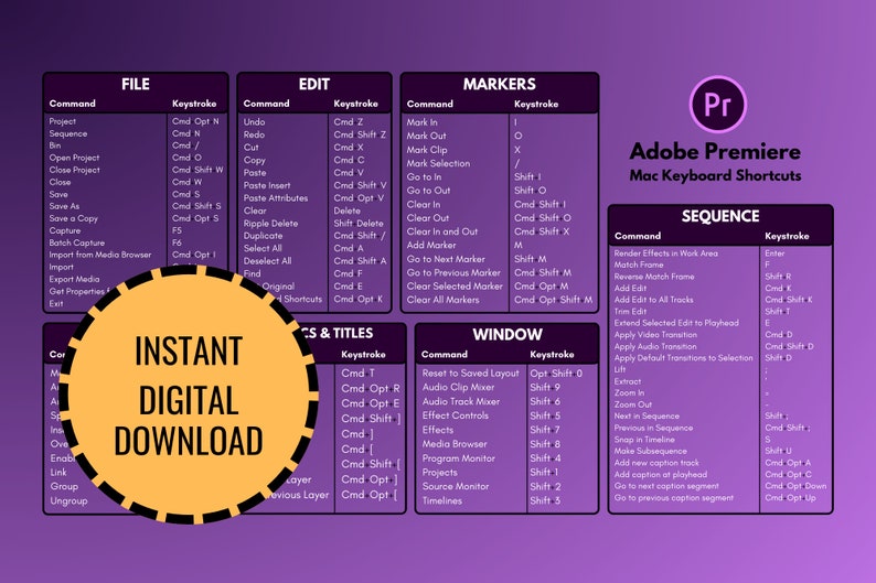 Adobe Premiere Pro Keyboard Shortcuts for Mac (purple) | Instant ...