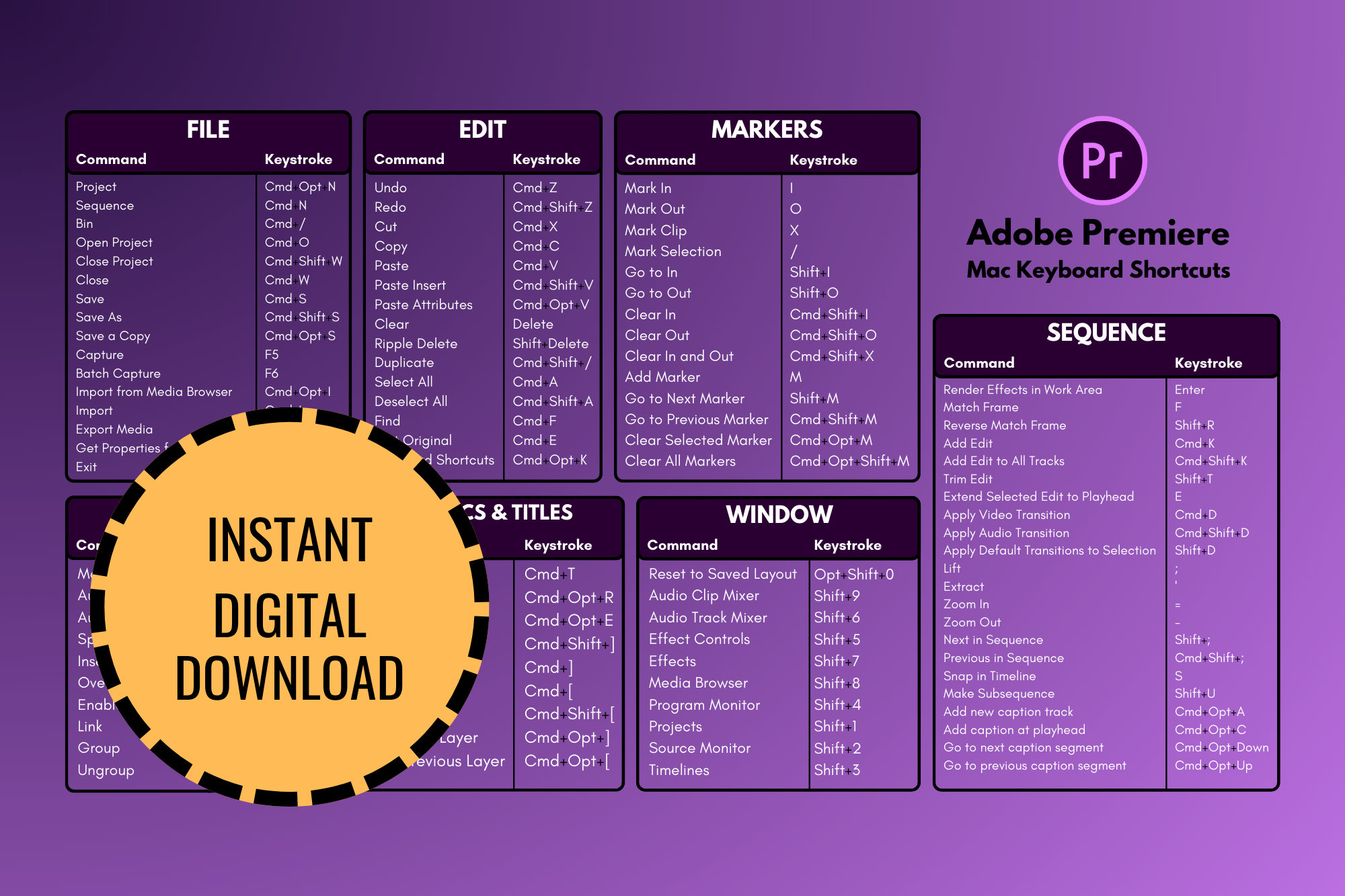 Adobe Premiere Pro Keyboard Shortcuts for Mac (purple) | Instant ...