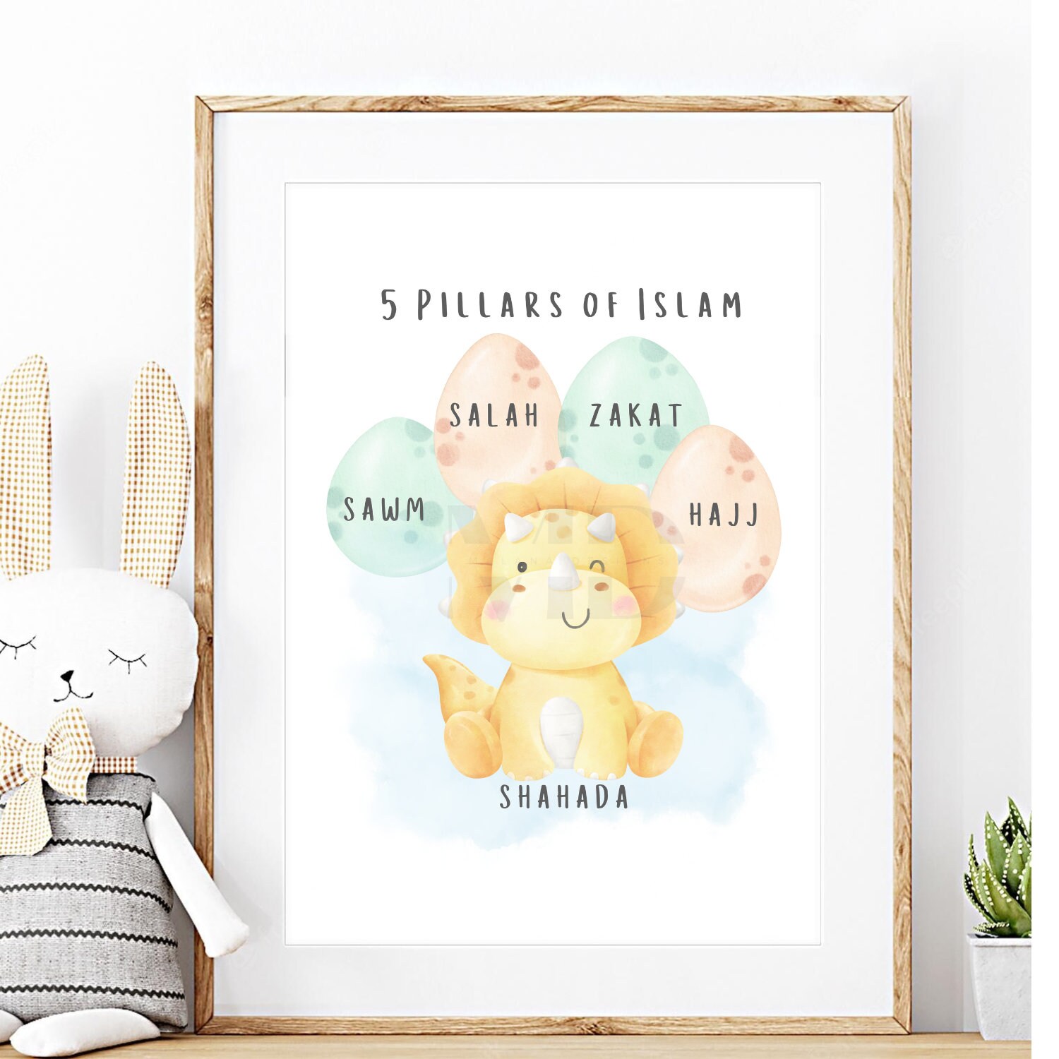 Dinosaur 5 Pillars of Islam Wall Art, Blue Islamic Boho Wall Art, Kids ...