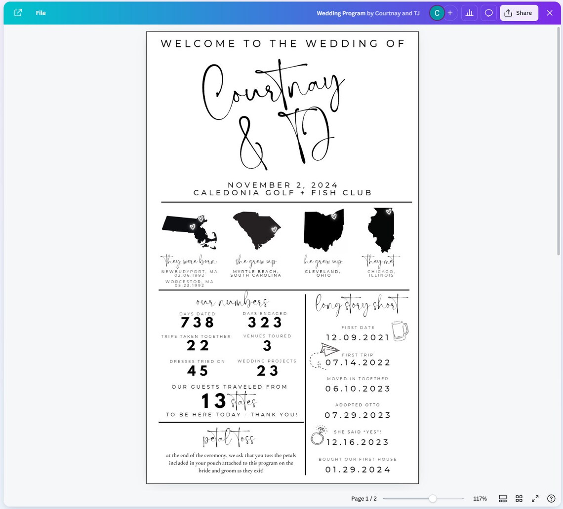 Wedding Program Infographic Template, Black and White, Editable ...