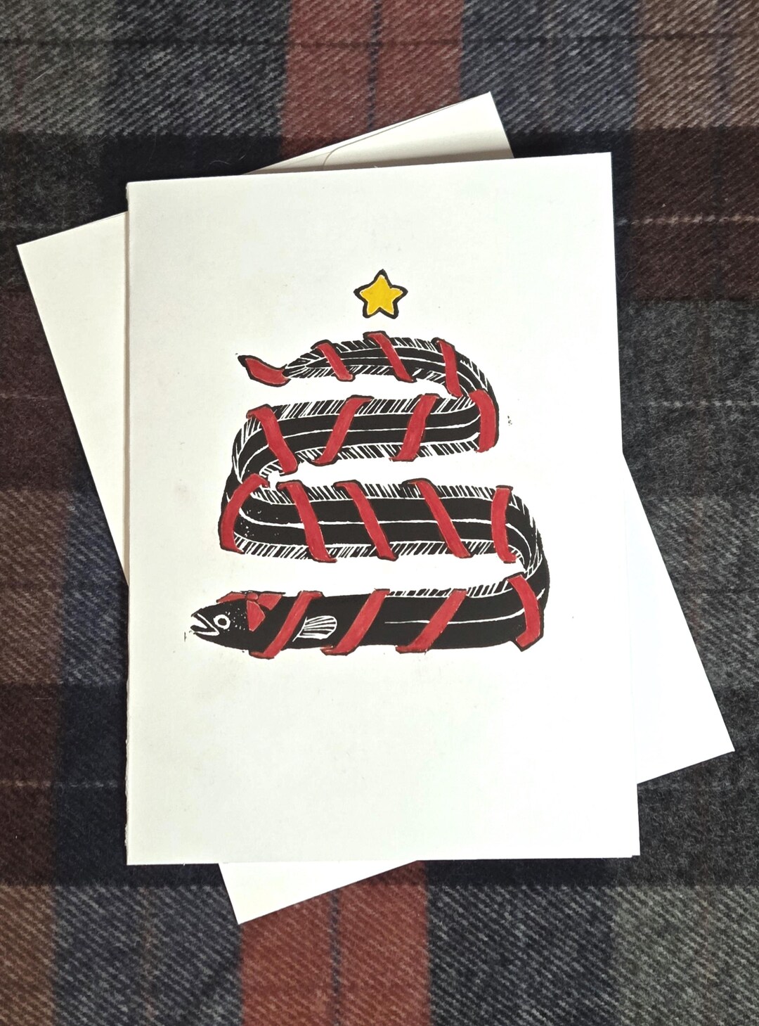 Festive Eel Christmas Card, Handmade Linocut Greeting Card, Funny ...