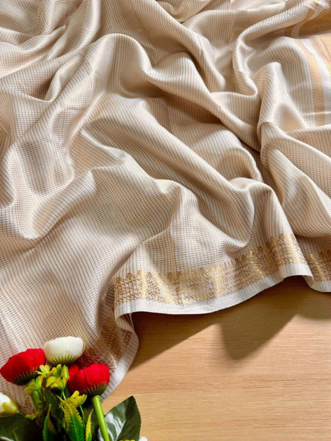 Off White Tissue Silk Saree: Banarasi Border, Gold Tint - Etsy