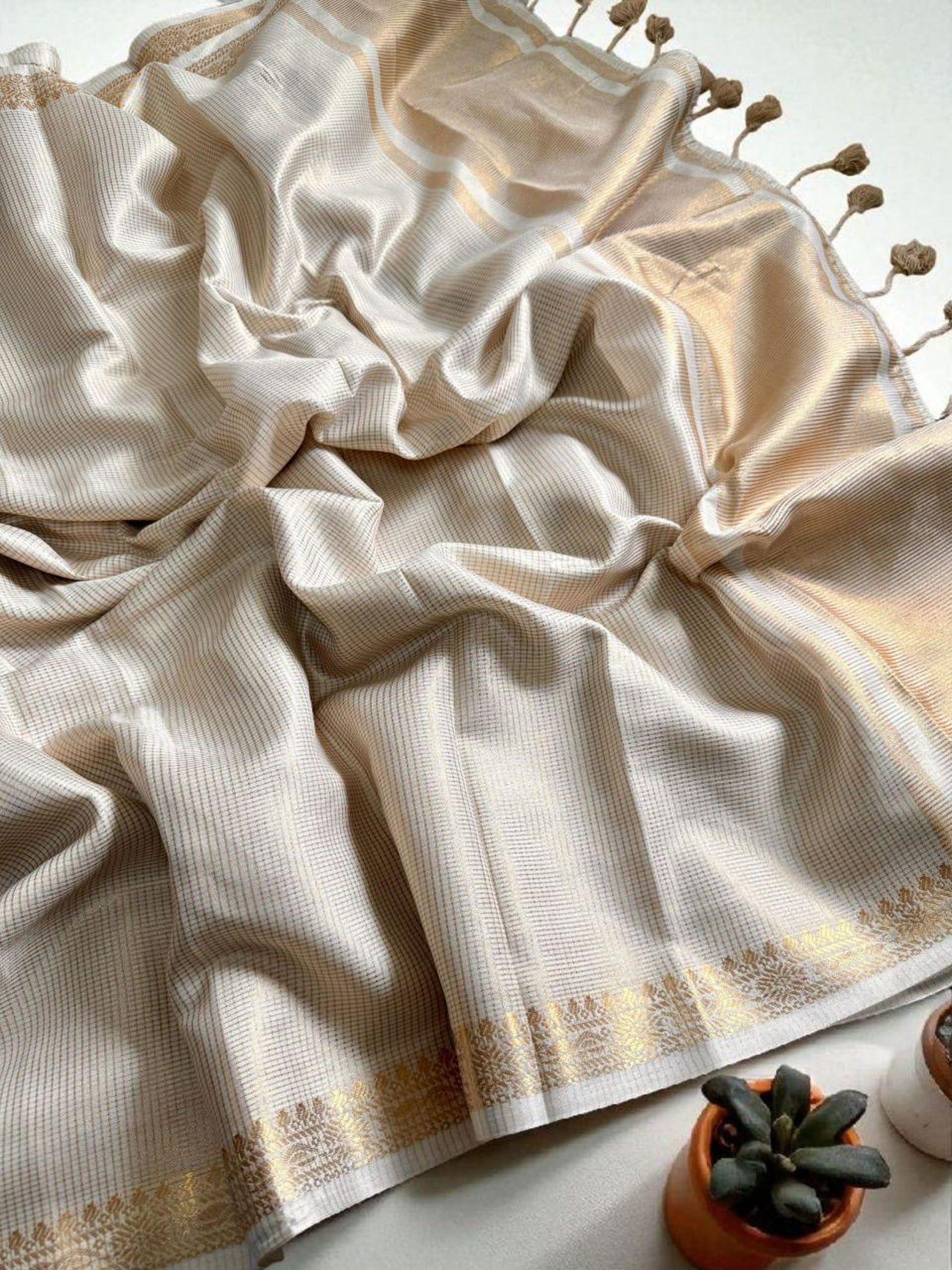 Off White Tissue Silk Saree: Banarasi Border, Gold Tint - Etsy
