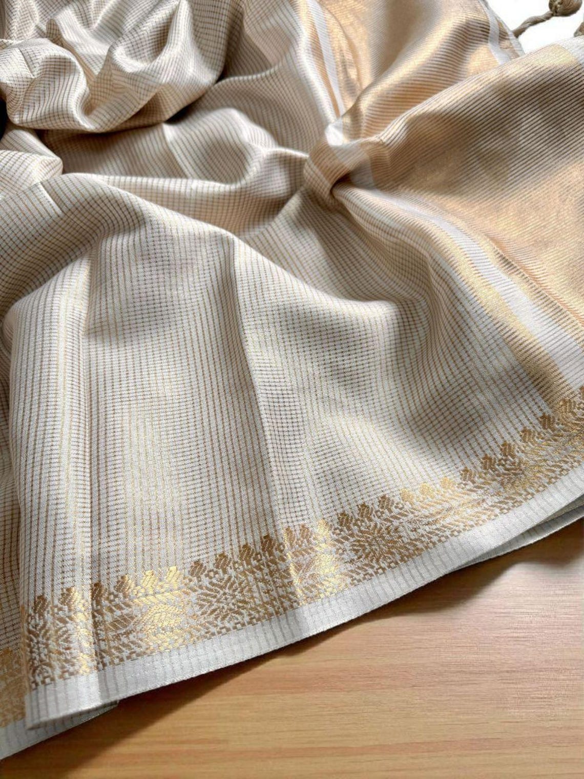 Off White Tissue Silk Saree: Banarasi Border, Gold Tint - Etsy
