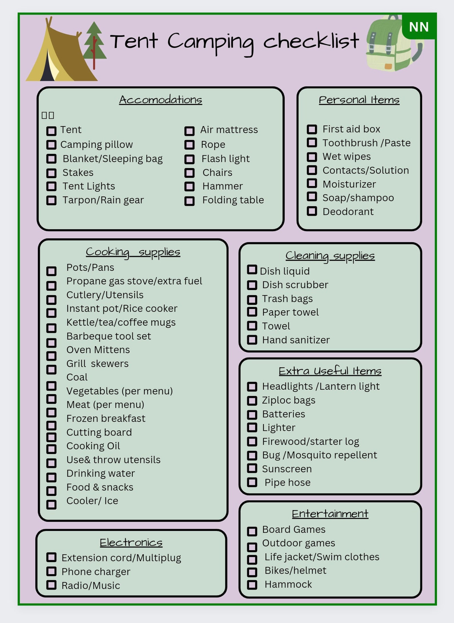 Tent Camping List, Campground Trip, Things Needed for Camping Family ...
