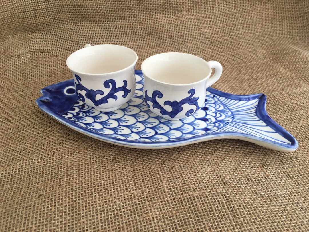 Handmade Fish Ceramic Plate and Tea Cup, Blue Ceramic Coffee Mug Set ...