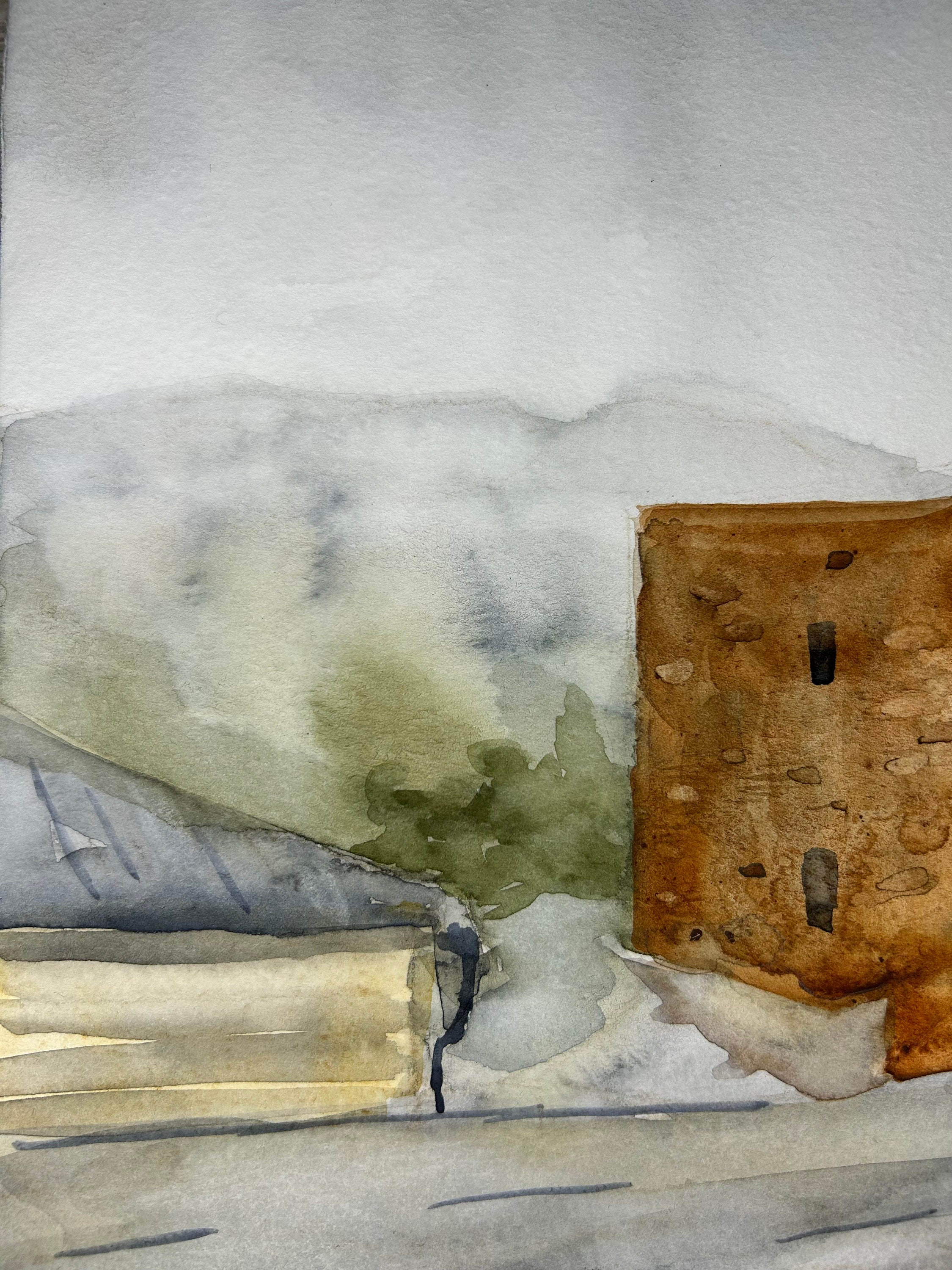 Original Watercolour Cityscape Painting Rainy Grey Roofs Brick Houses ...