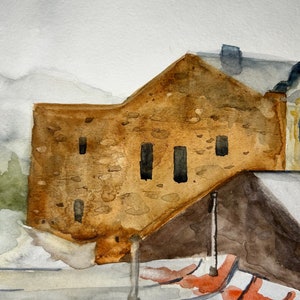 Original Watercolour Cityscape Painting Rainy Grey Roofs Brick Houses ...