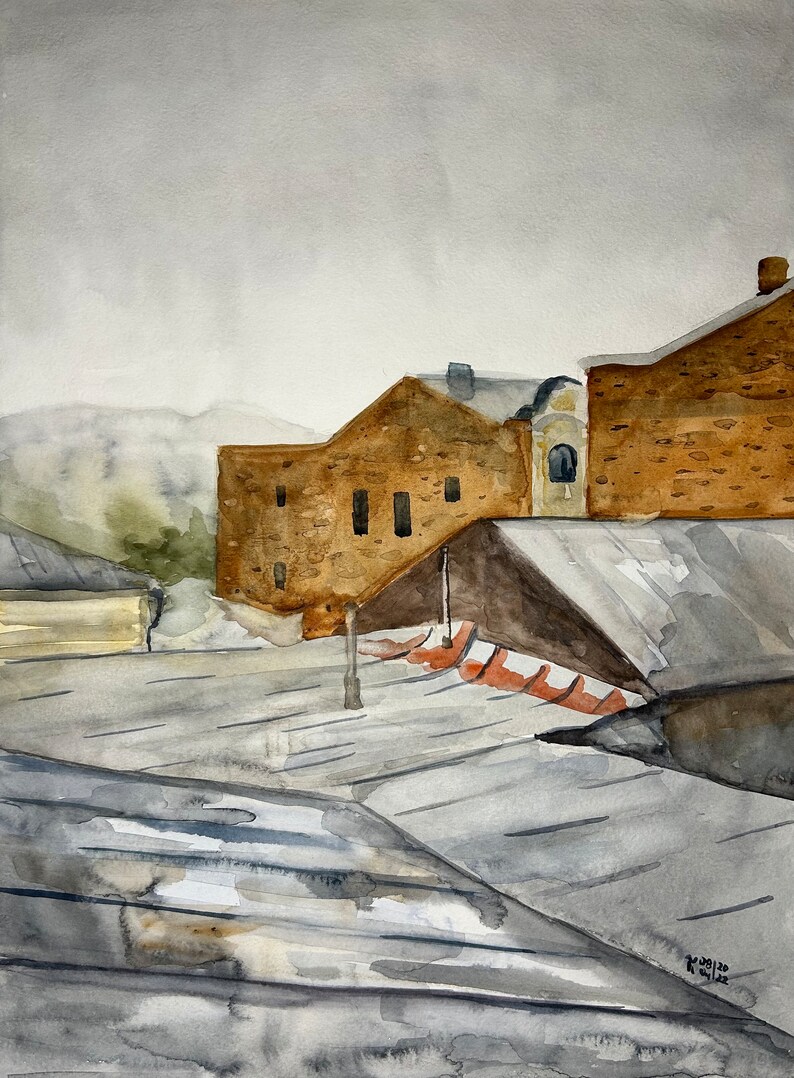 Original Watercolour Cityscape Painting Rainy Grey Roofs Brick Houses ...