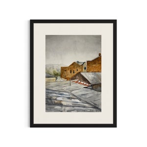 Original Watercolour Cityscape Painting Rainy Grey Roofs Brick Houses ...