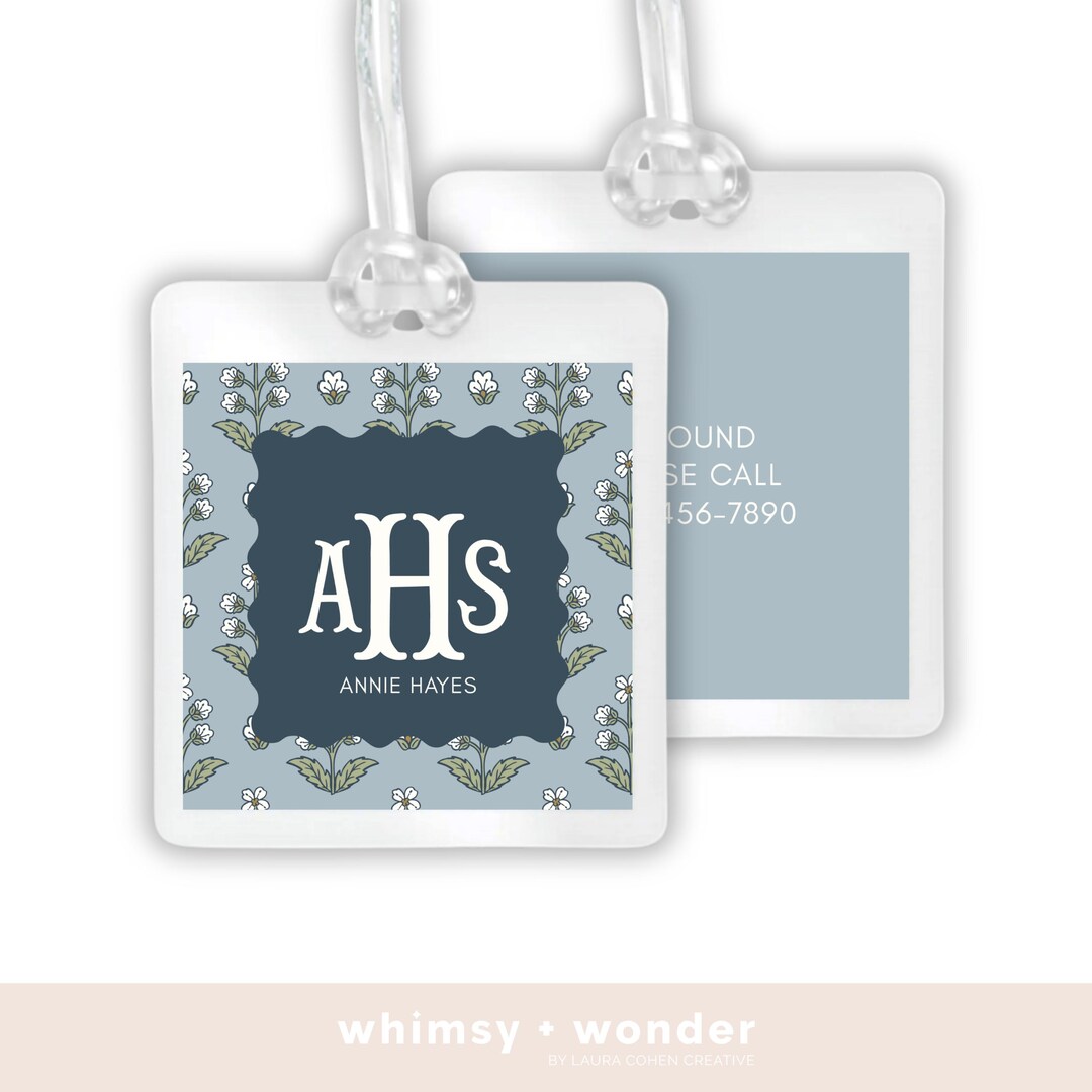 Personalized Blue Floral Laminated Tag, Custom Tag, Travel Backpack ...