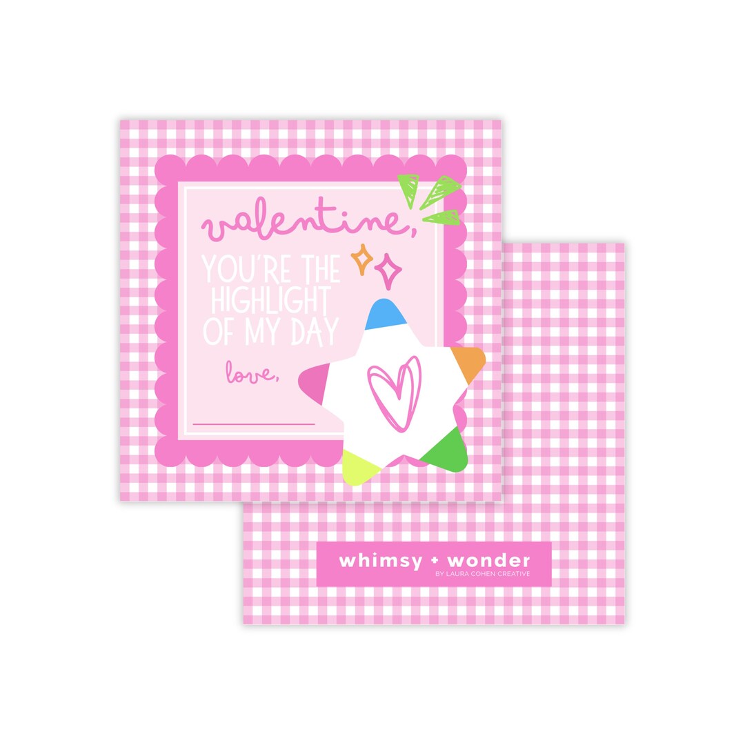 Printable Valentine's Day Cards for Kids, Pink Star Highlighter ...
