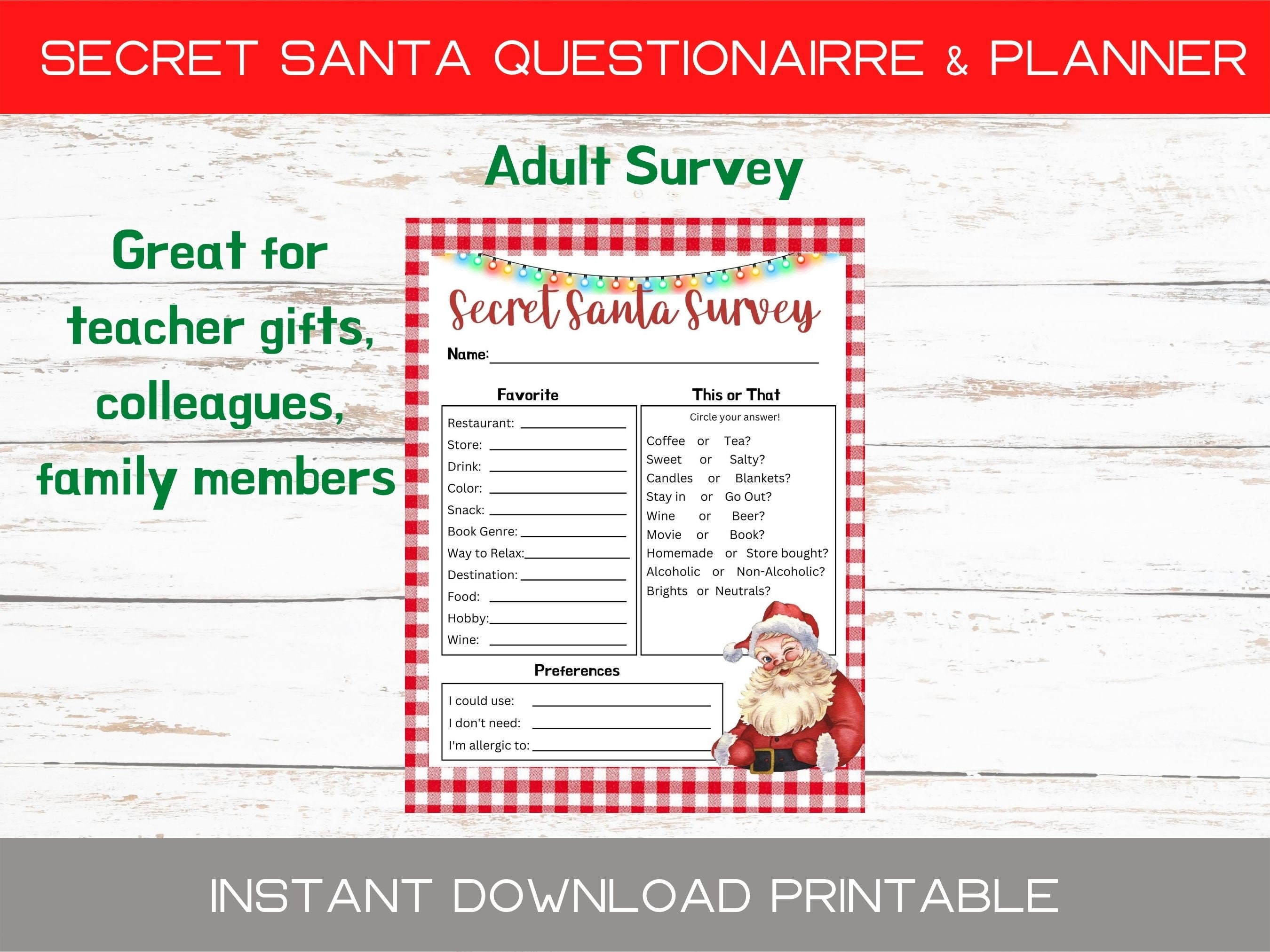 Secret Santa Holiday Printable Questions for Holiday Gift - Etsy