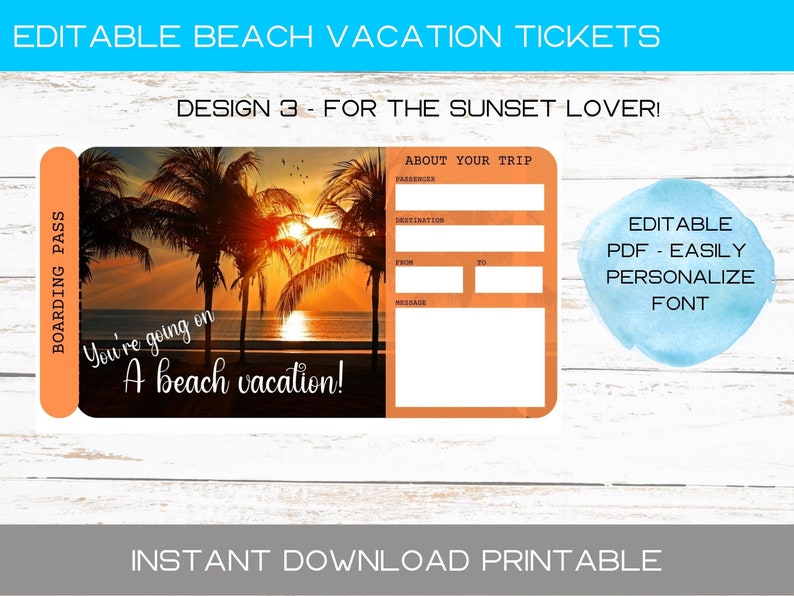 Surprise Beach Vacation Ticket | Vacation Tickets Instant Download ...