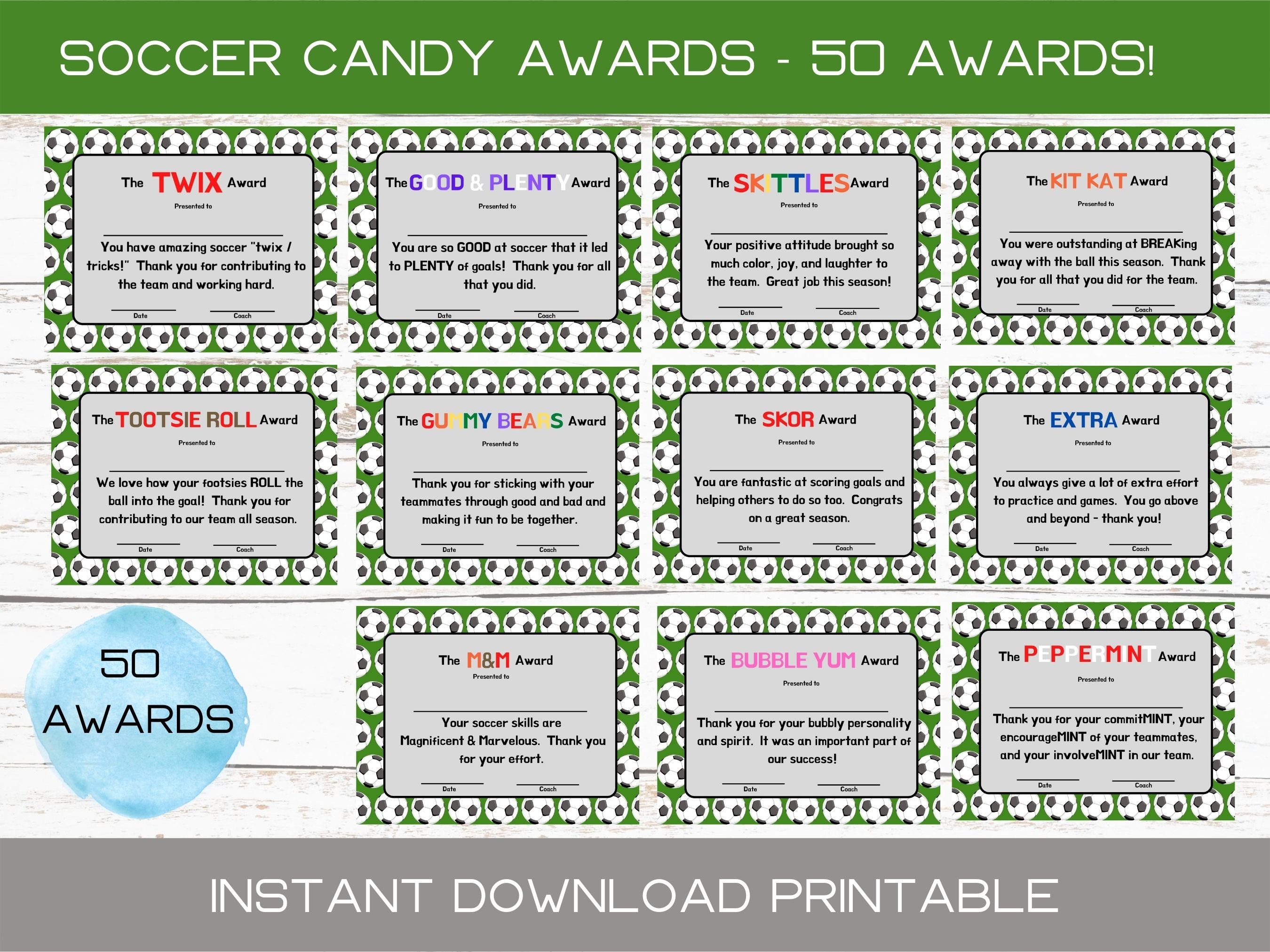 50 Soccer Team Candy Bar Award Certificates Sports Players Etsy