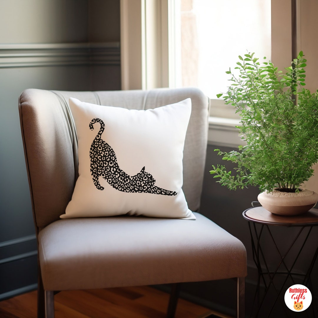 Leopard Print Cat Pillow, Stretching Cat Silhouette Pillow, Cat Pillow ...