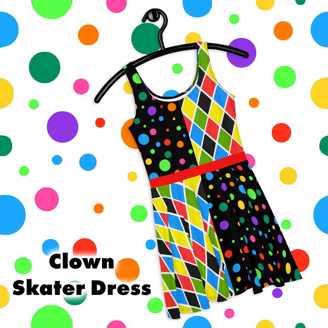 Clowncore Harlequin Patchwork Patch Clown Skater Dress Halloween ...