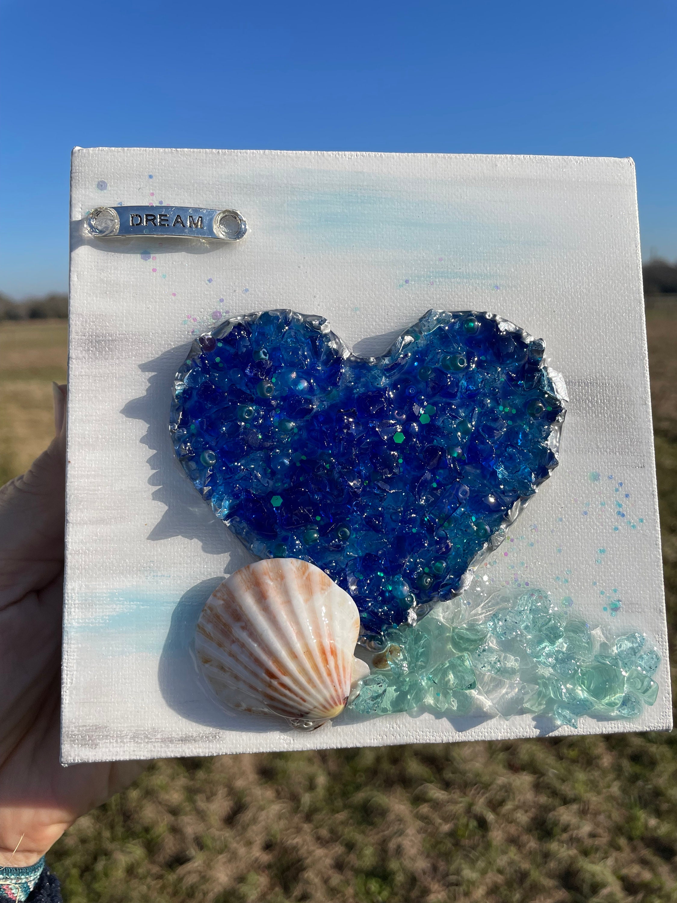 Beach Lover, Dream, Blue, Heart, Glass Art, Crushed Glass, Mixed Media ...