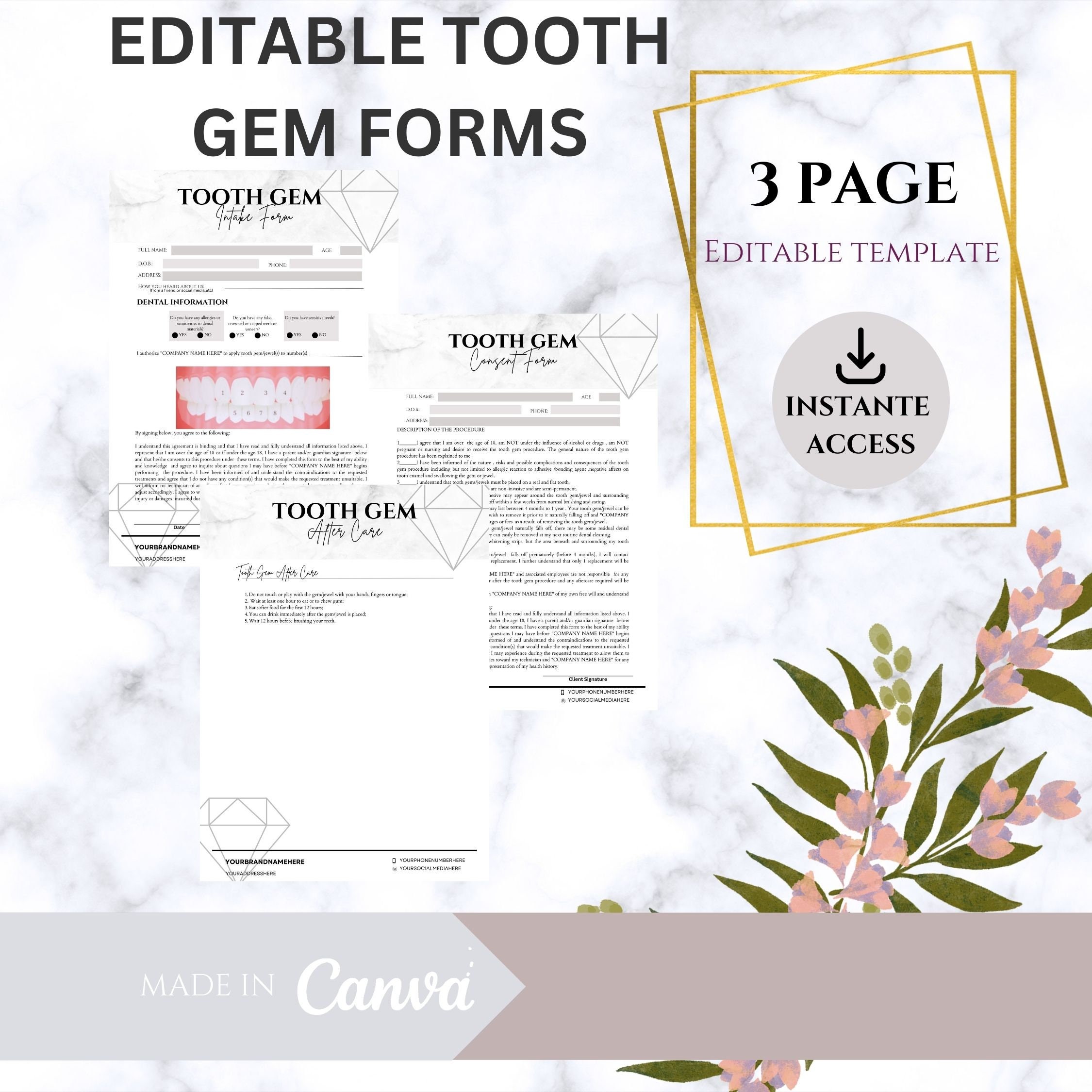 MARBLE Editable Tooth Gem Intake, Consent, Aftercare Form Templates ...