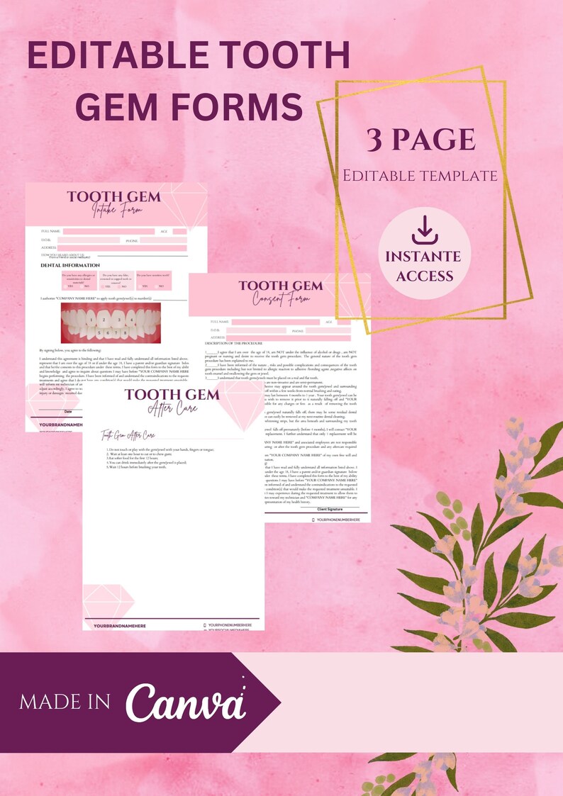 Editable Tooth Gem Intake Consent Aftercare Form Templates Etsy