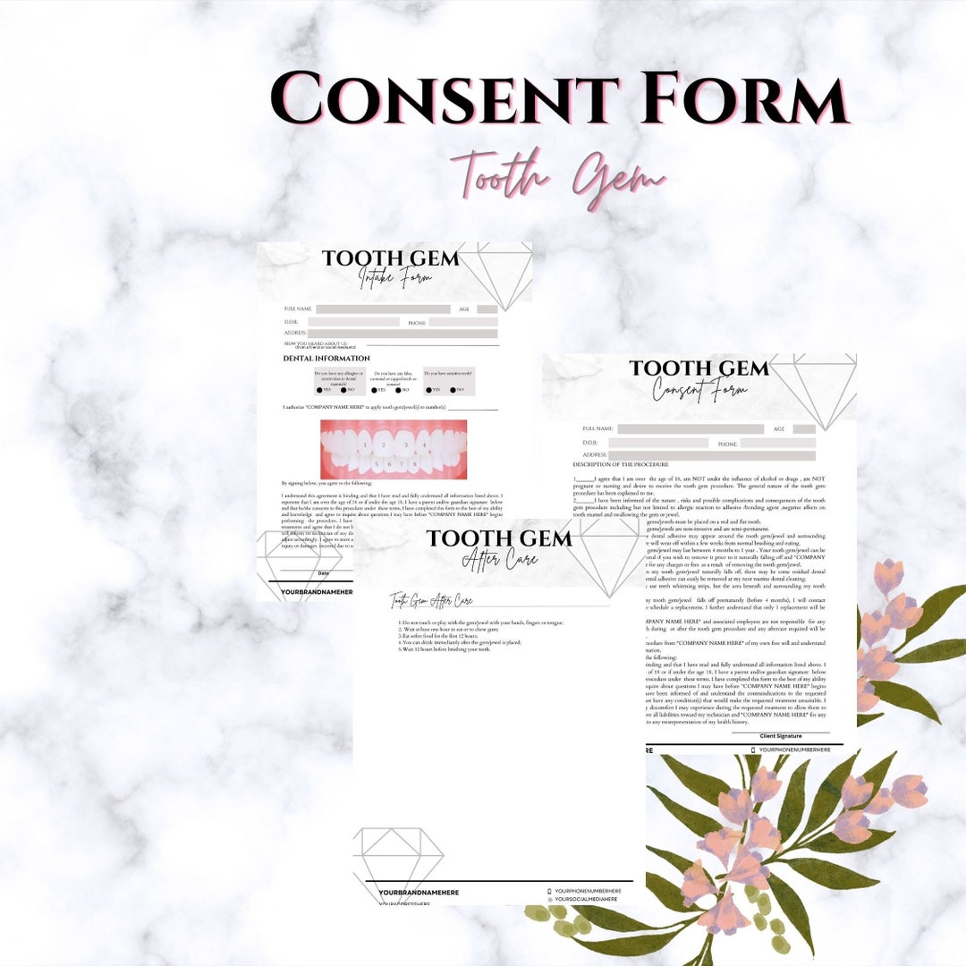 MARBLE Editable Tooth Gem Intake, Consent, Aftercare Form Templates ...