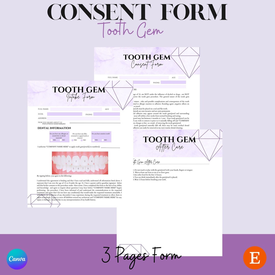 Editable Tooth Gem Intake Consent Aftercare Form Templates - Etsy