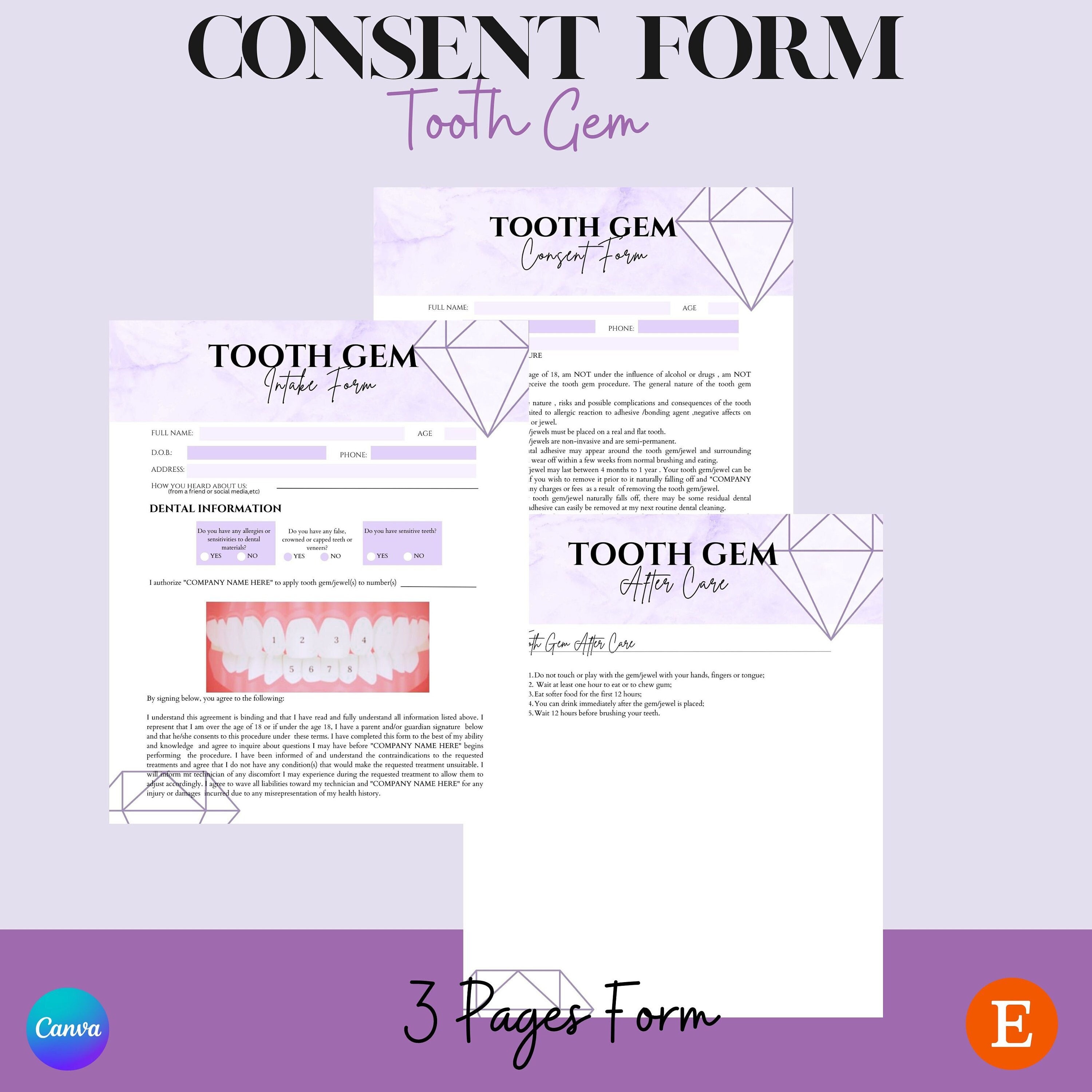 Editable Tooth Gem Intake Consent Aftercare Form Templates - Etsy
