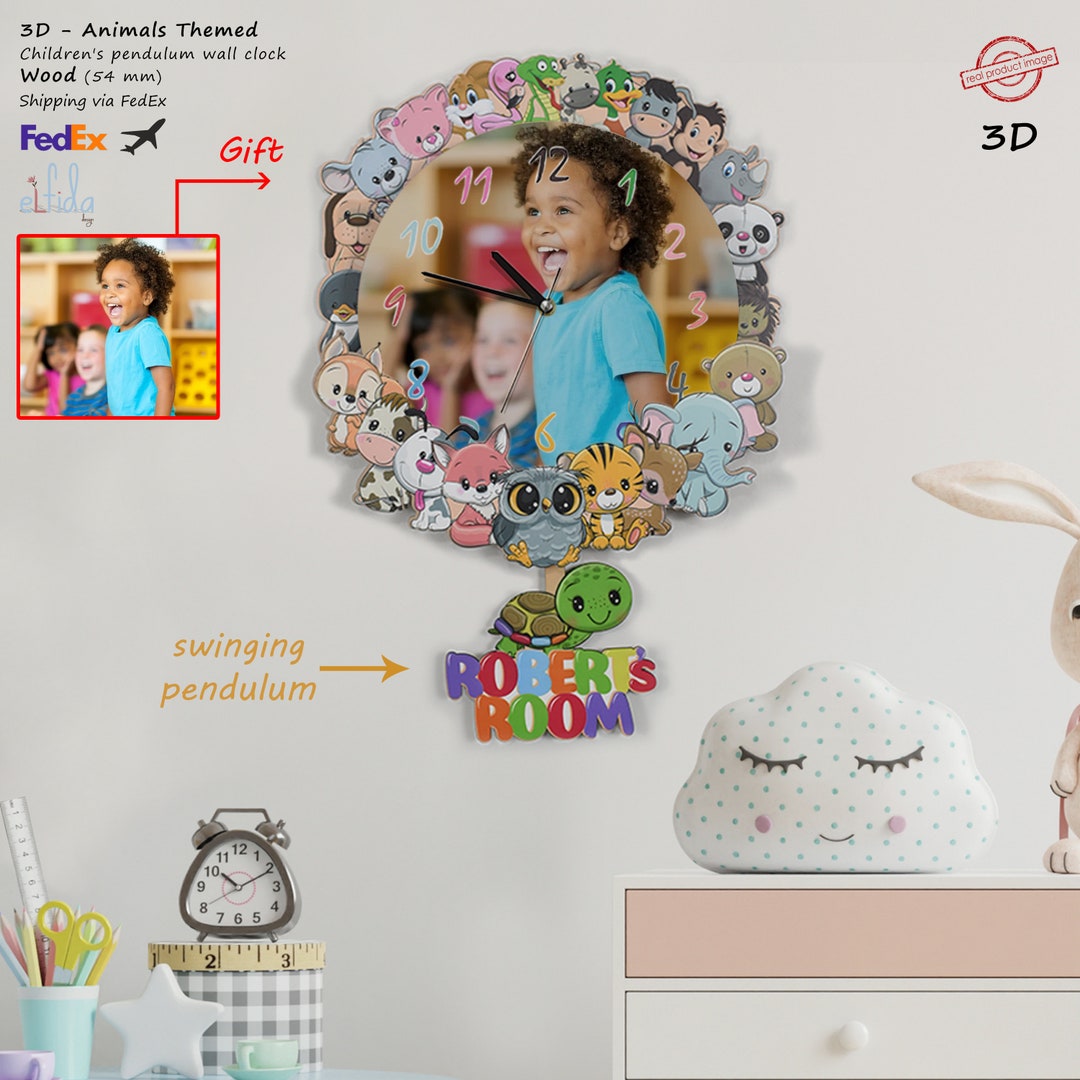 Printed Child Clock, Child Room Wall Clock, Kid Wall Clock, Pendulum ...