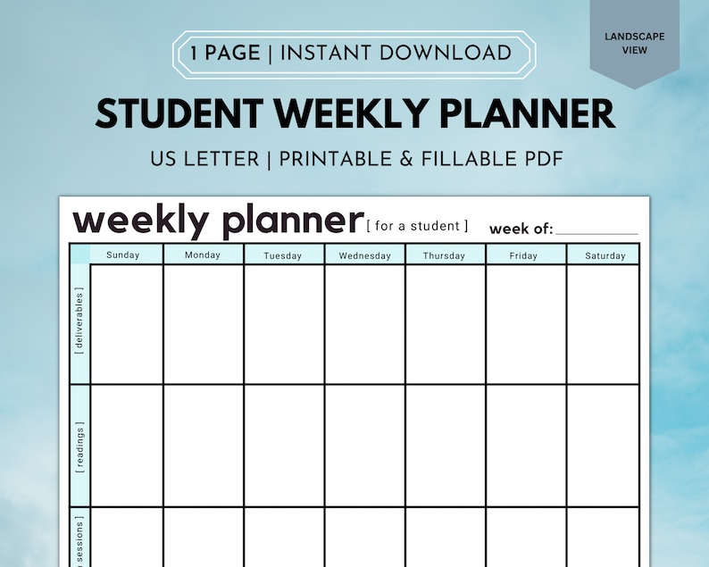 College Student Weekly Planner, Printable, Minimalist, Digital Download ...