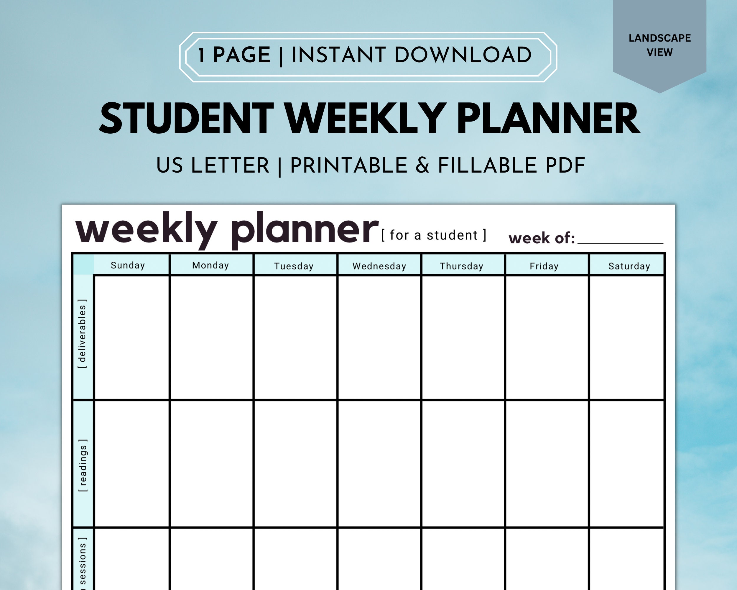 College Student Weekly Planner, Printable, Minimalist, Digital Download ...
